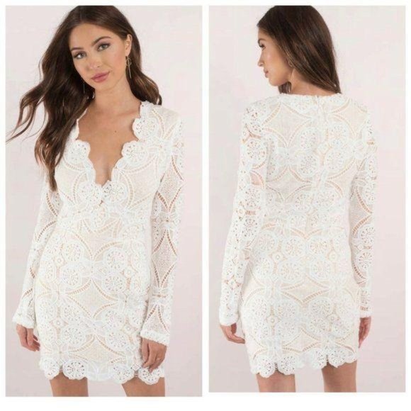 Tobi | Dresses | Tobi White Lace Beige Lining Stretch V Neck Dress ...